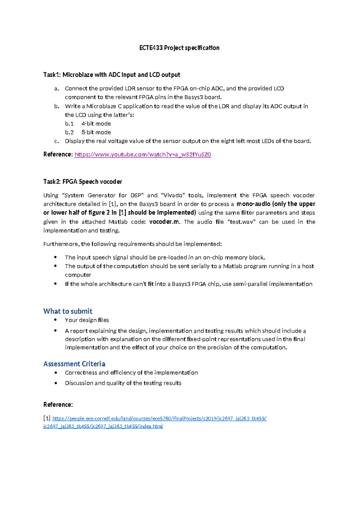 ECTE433 Project - Microblaze & FPGA Speech Vocoder Implementation - Studocu