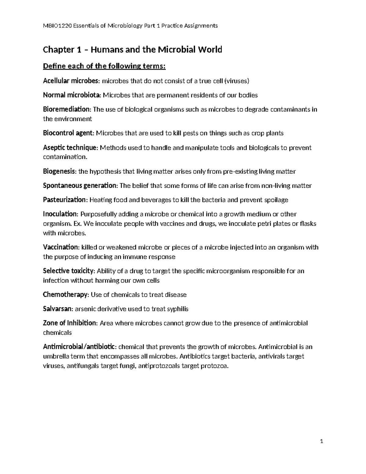 MBIO1220 Essentials of Microbiology Part 1 Chapter 1 Practice Answers ...