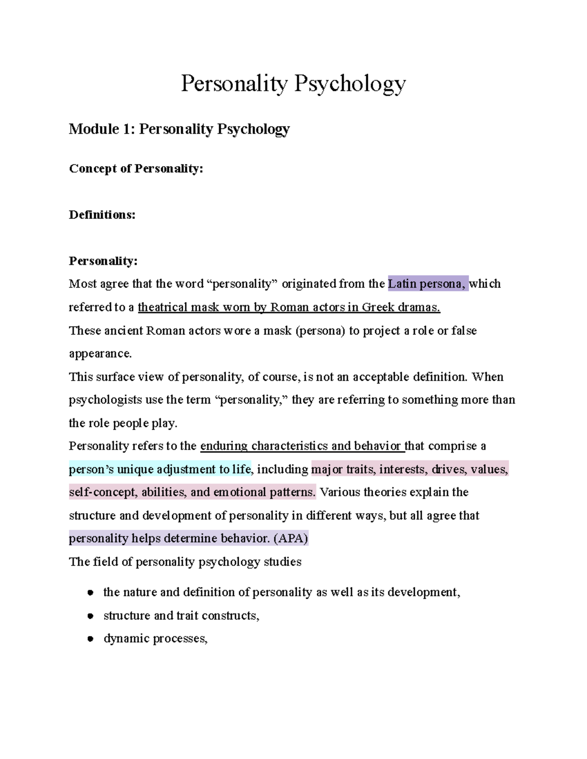 Personality Psychology Notes - Personality Psychology Module 1 ...