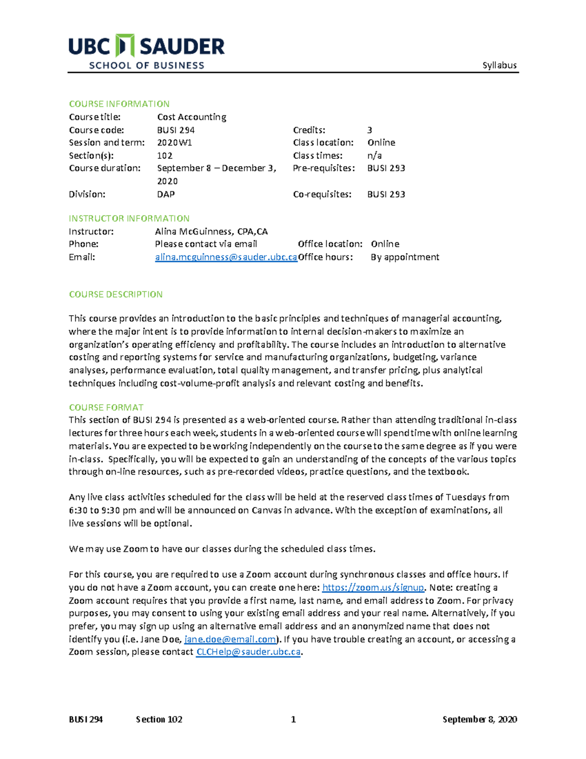 BUSI 294-102 Course Outline - Warning: TT: undefined function: 32 ...