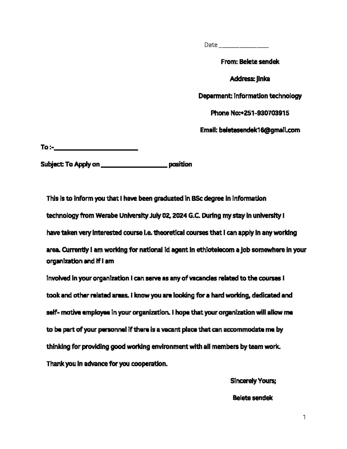 IT Job Application Letter - Belete Sendek - Studocu