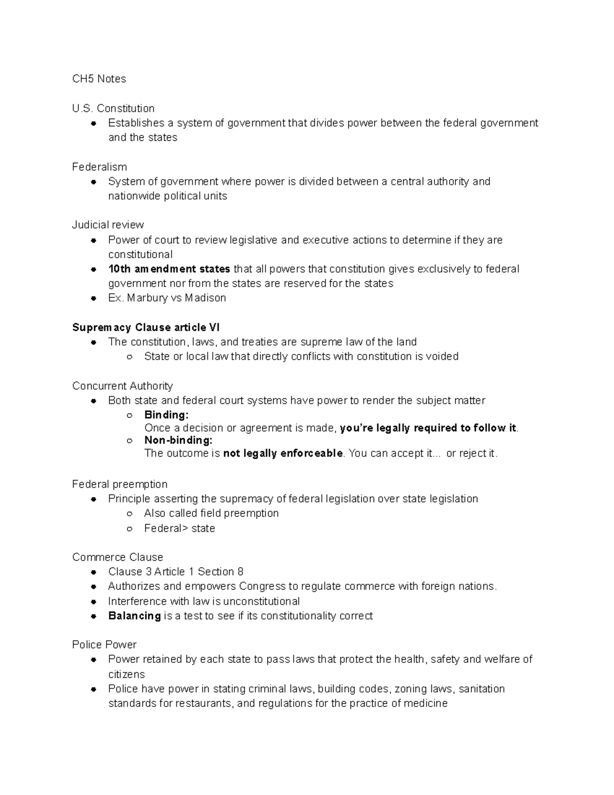 CH5 Notes: U.S. Constitution and Federalism - Studocu