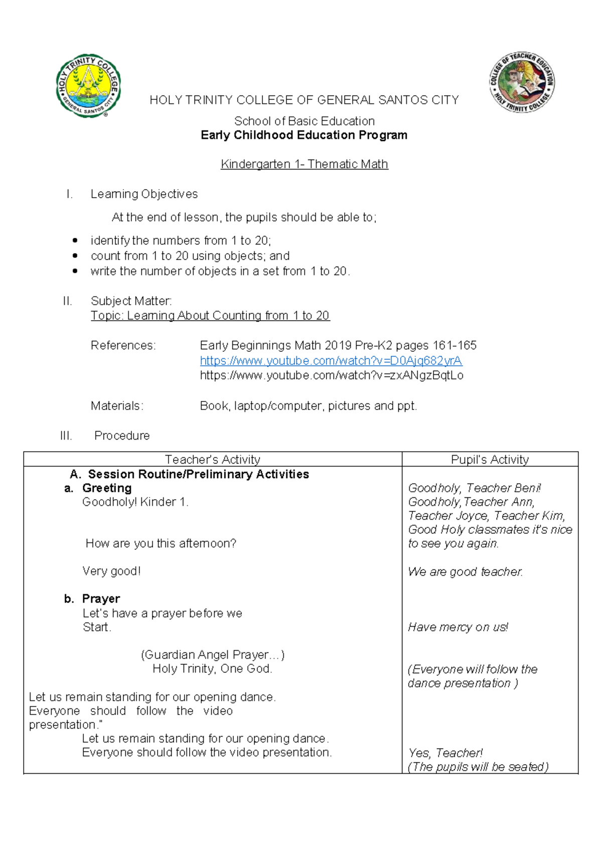 Kinder 1 Math Lesson Plan: Counting from 1 to 20 Activities - Studocu