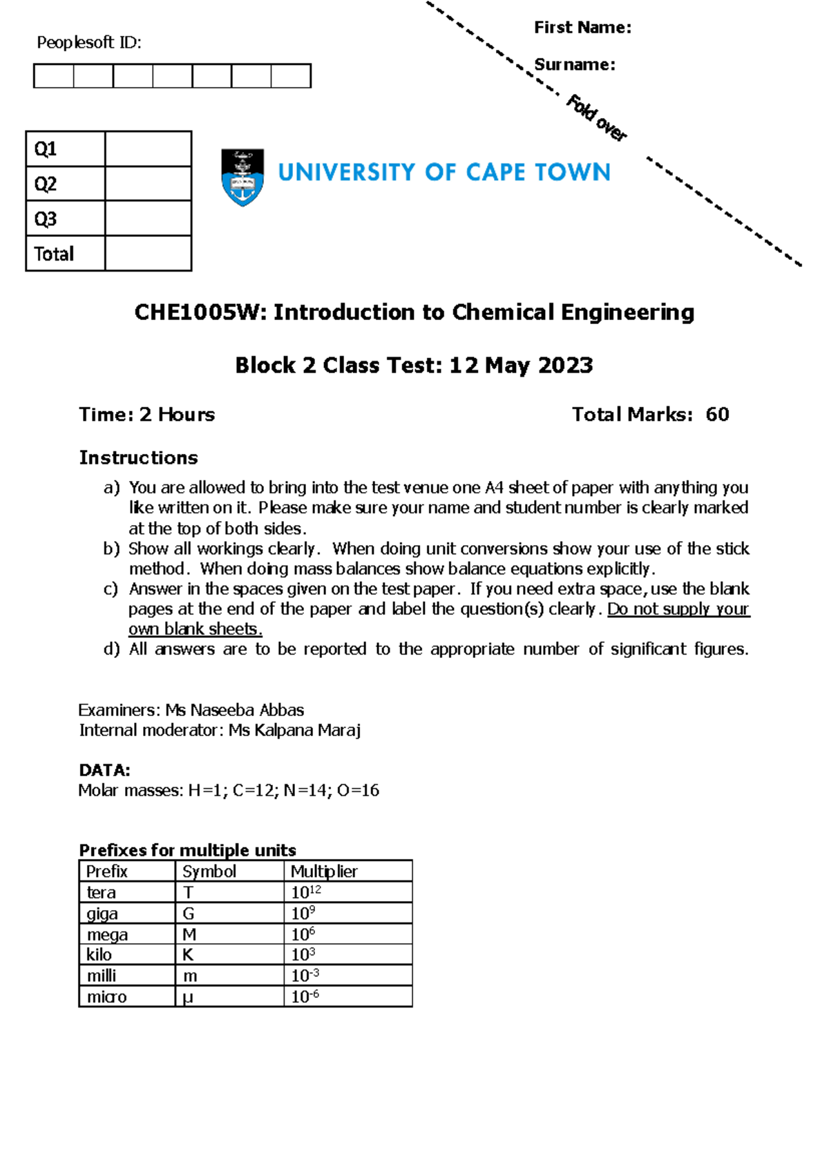 CHE1005W B2 Block 2 Class Test Memo: Final Review for 2023 - Studocu