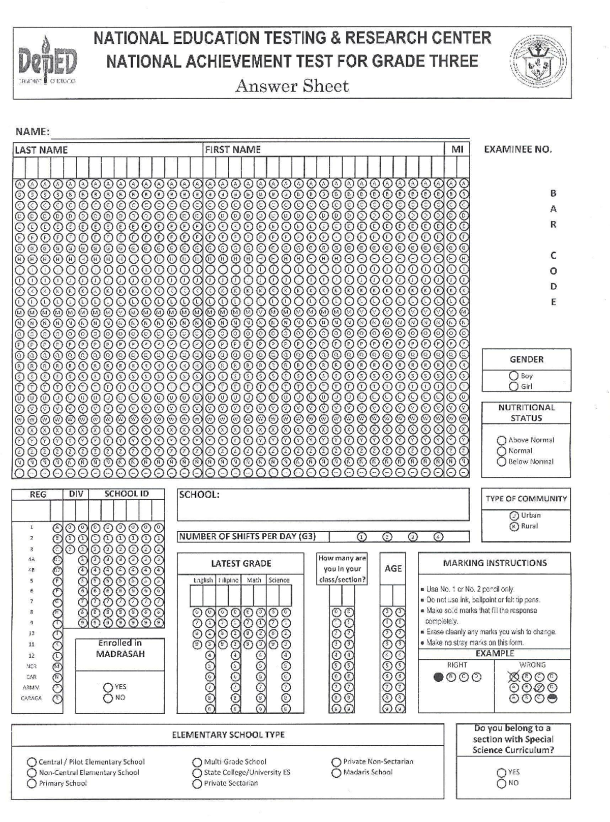 Standardized NAT Answer Sheets & School Header for G3, G6, Y4 - Studocu