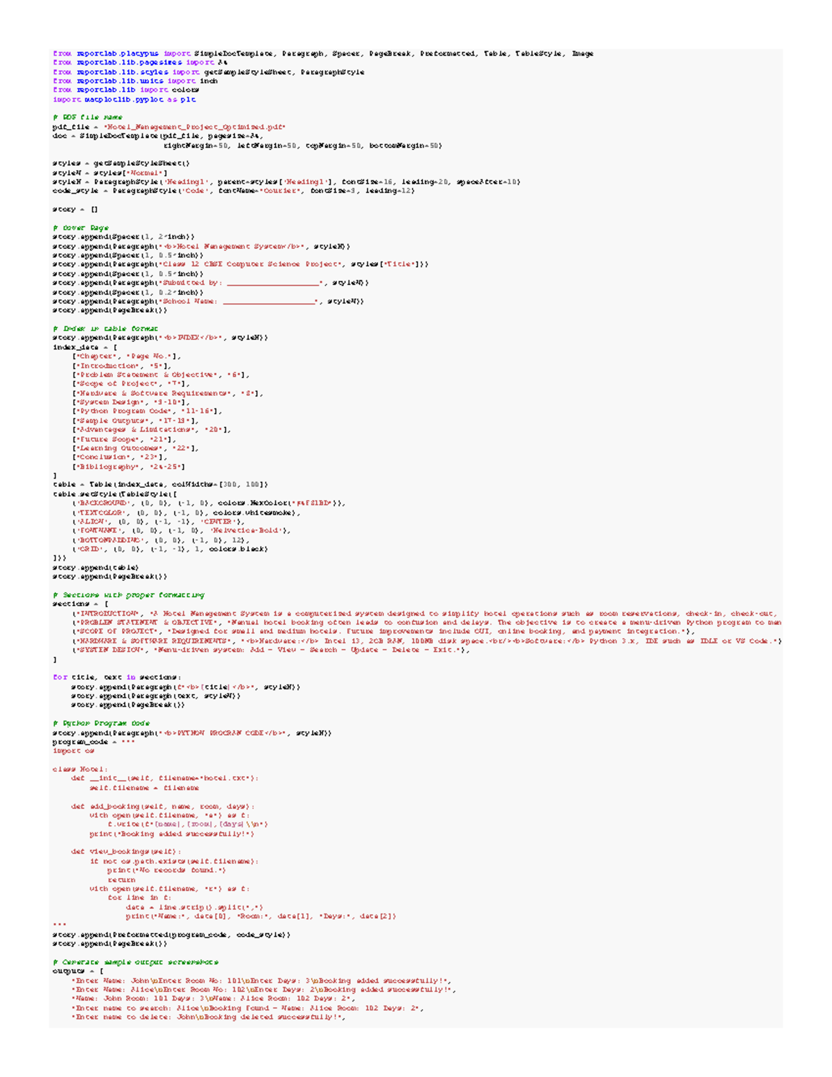 CS101: Hotel Management System Python Program Code and Report - Studocu