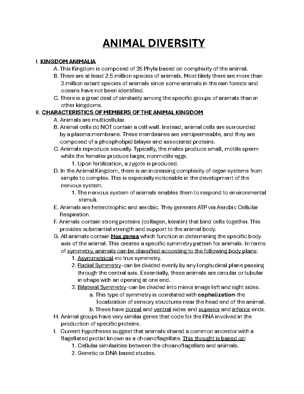 Animal Diversity Study Notes - Key Concepts and Characteristics - Studocu
