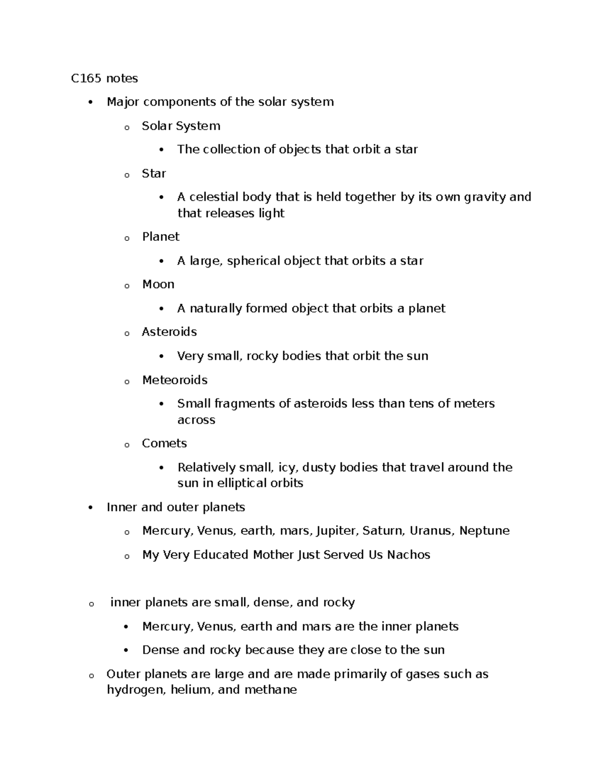 C165 Final Exam Notes: Major Components of the Solar System - Studocu
