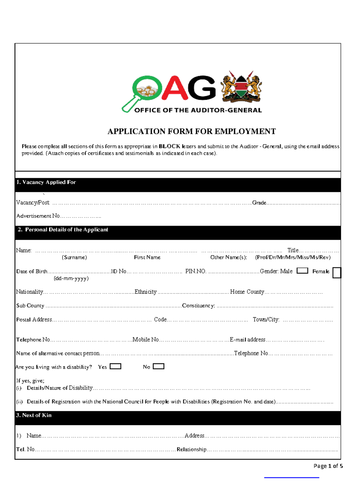 Application Form for Employment - Auditor General Position - Studocu