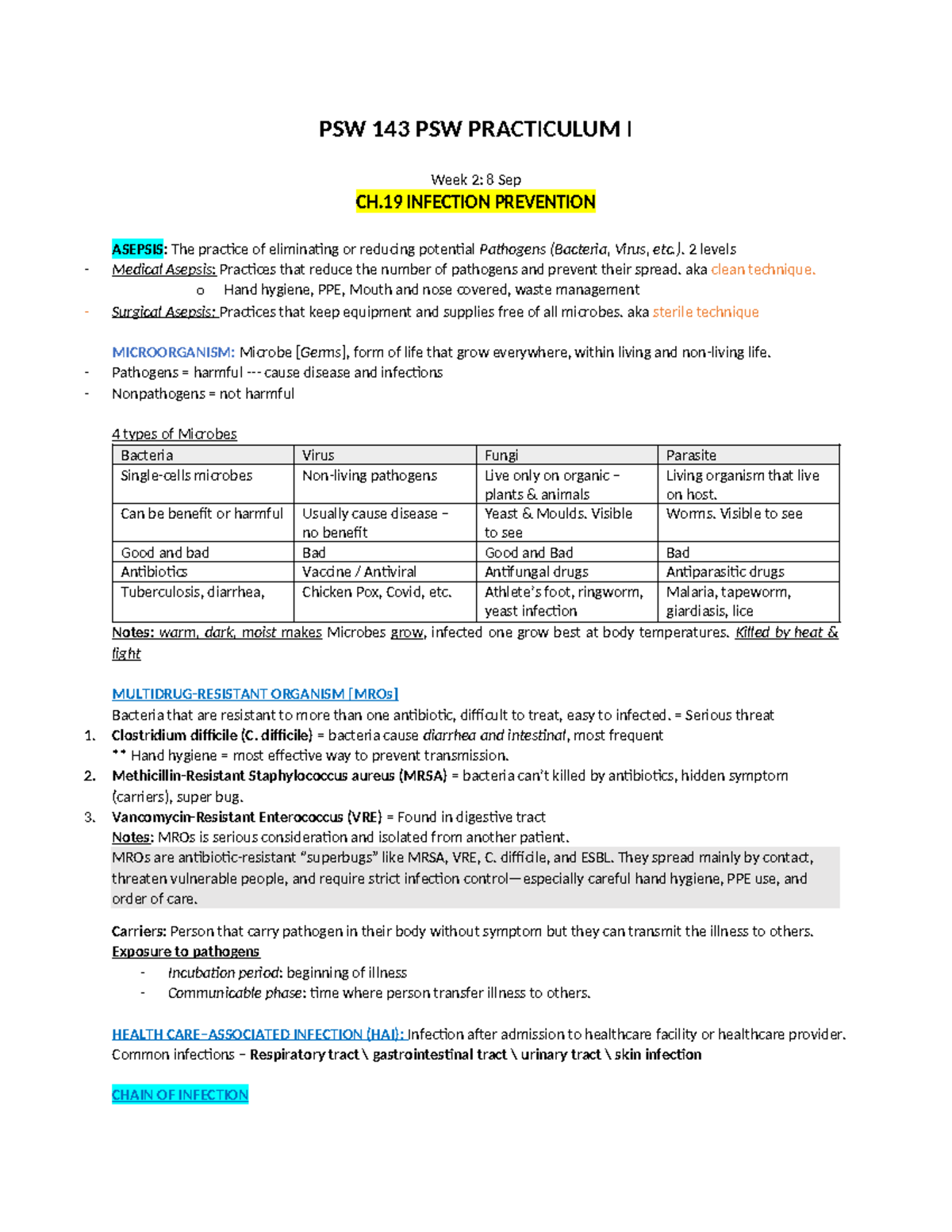 PSW 143 Practicum I Week 2 Summary: Infection Prevention & Asepsis ...
