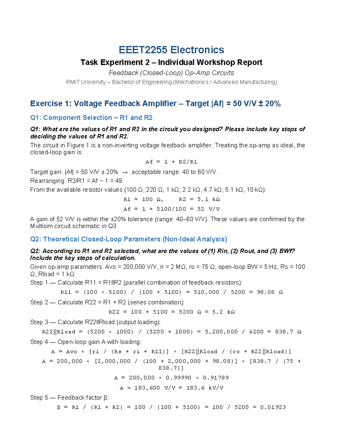 LAB2 Report EEET2255: Voltage Feedback Amplifier Analysis and Results ...