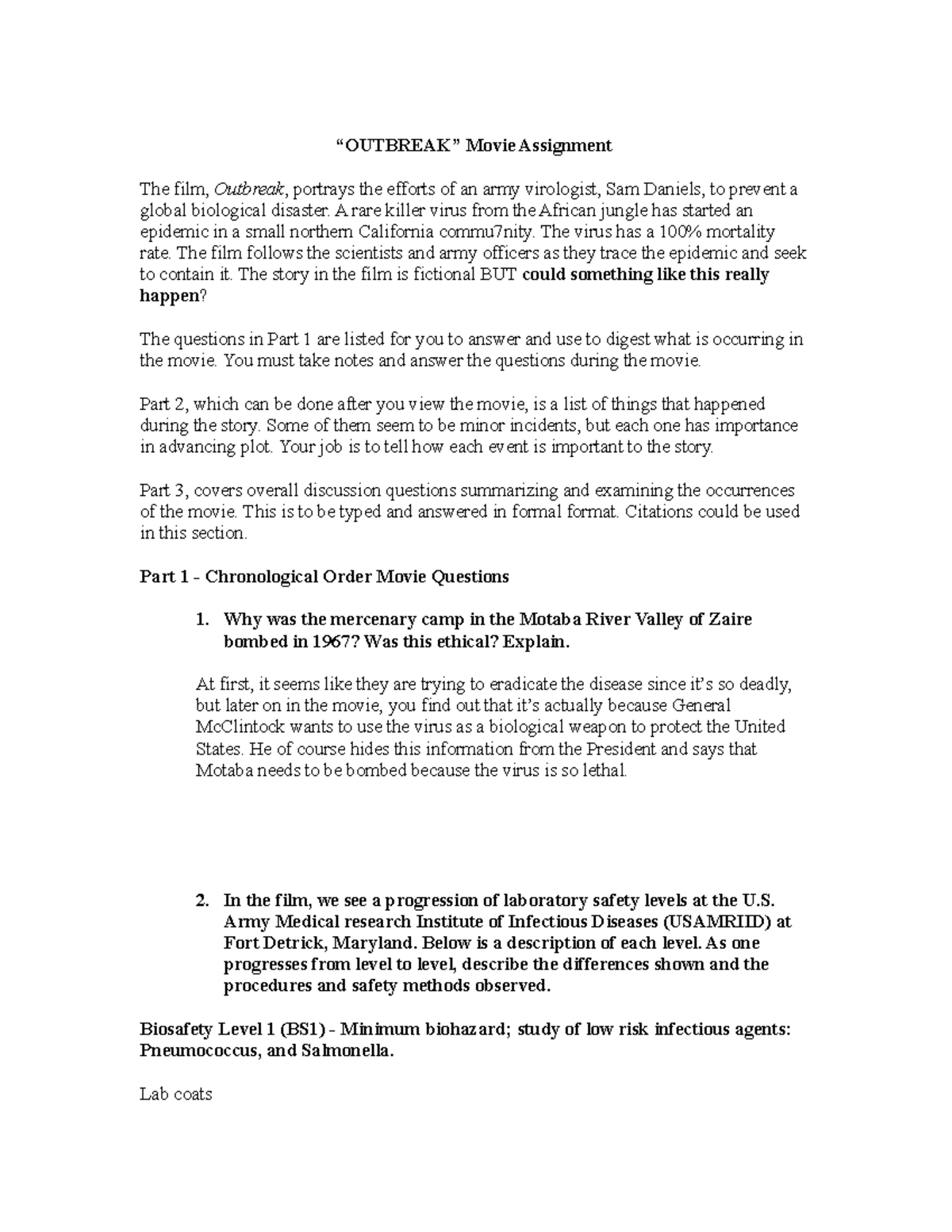 Outbreak student worksheet answers and reflections based on the movie ...