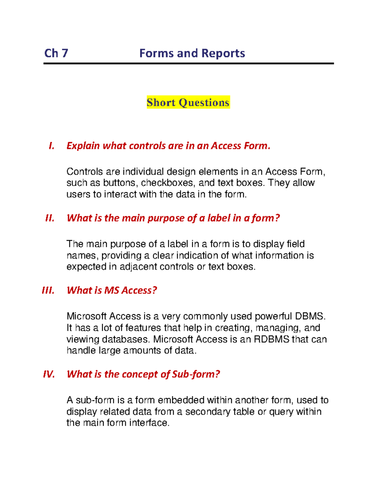 Ch 7 Forms and Reports Short Questions - MS Access Overview - Studocu