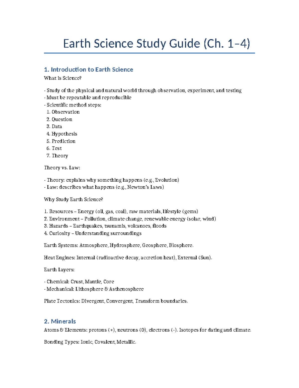 Earth Science Study Guide (Ch. 1-4): Key Concepts & Topics - Studocu