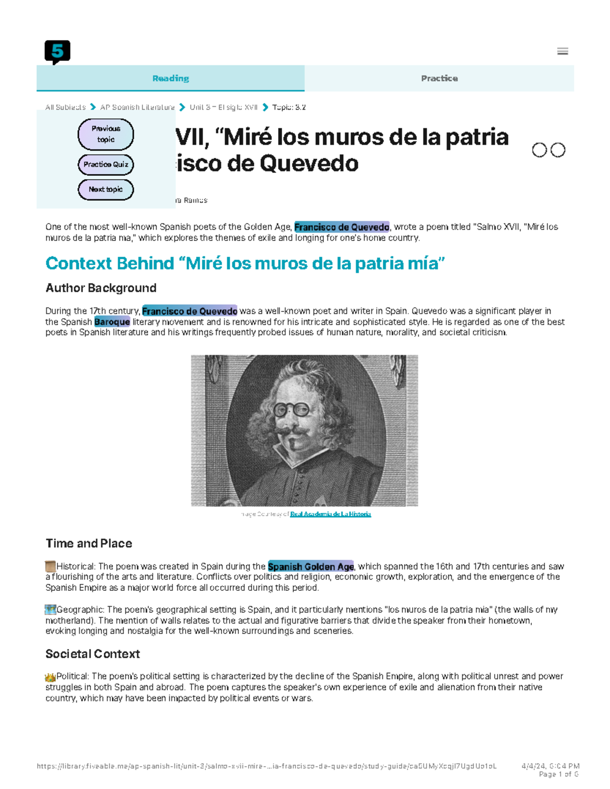 AP Spanish Literature 2024 - Study Guide for Salmo XVII by Quevedo ...