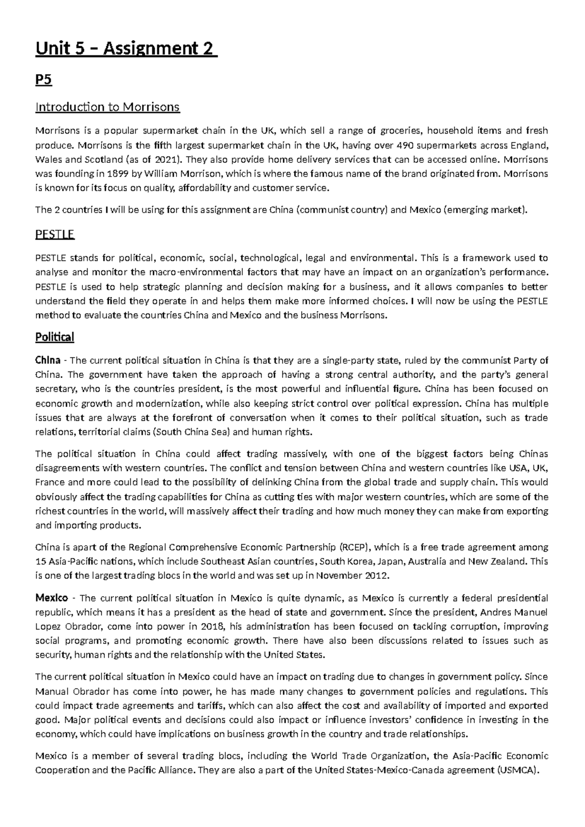 Unit 5 Assignment 2: Analyzing Morrisons Using PESTLE Framework - Studocu