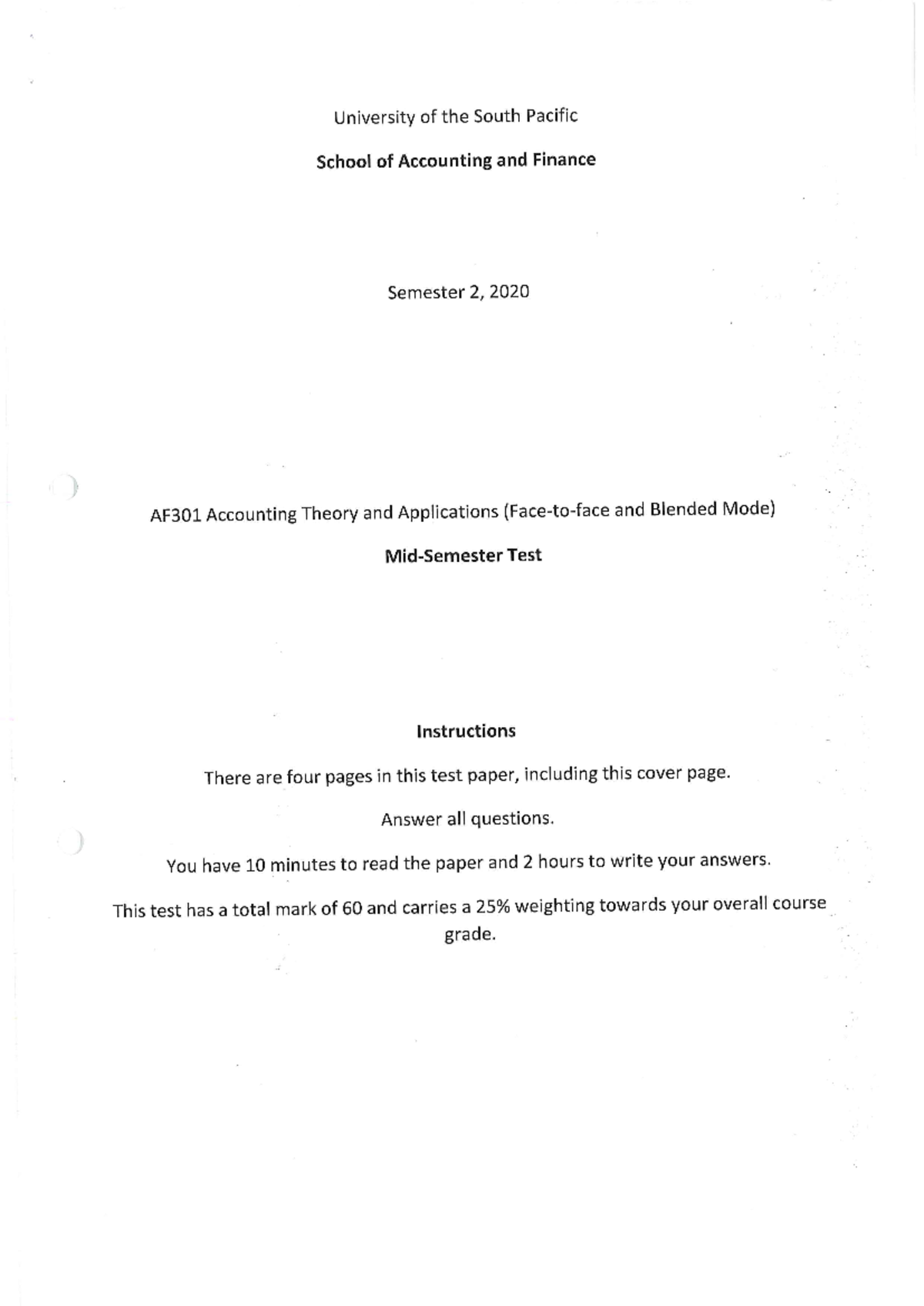 AF301 Mid Semester Test (MST) S2 2020 - Question Paper - Studocu