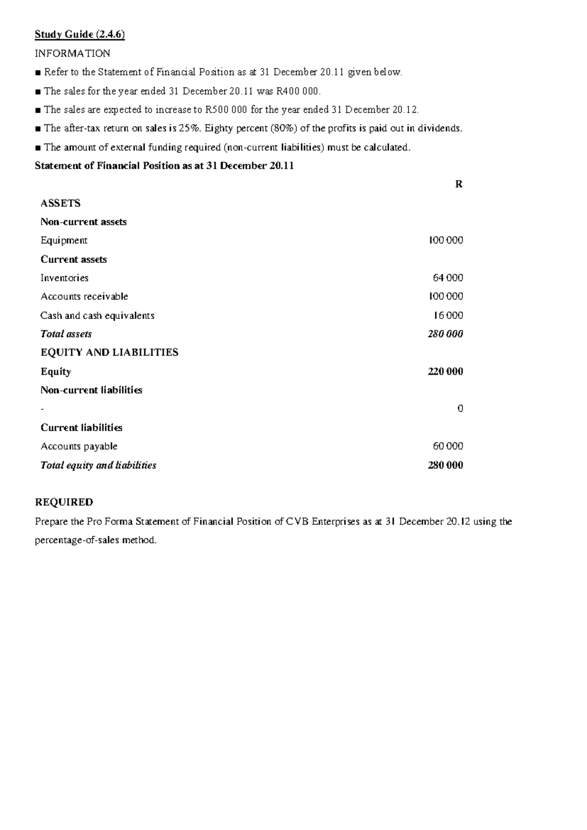 Pro Forma Statement of Financial Position Guide (Study Guide 2.4.6 ...