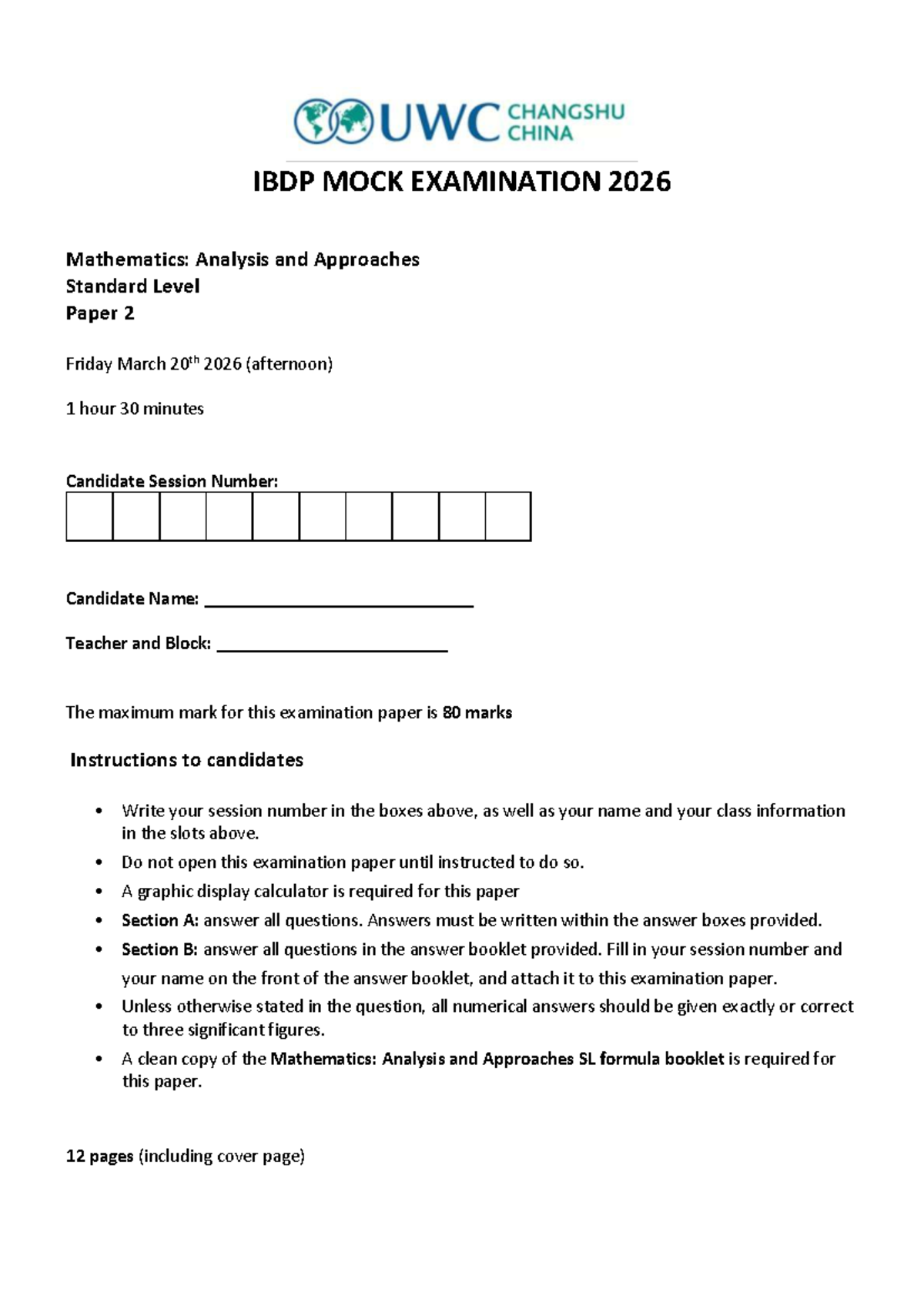 2026 IBDP Mock Exam: Mathematics AA SL Paper 2 - Studocu