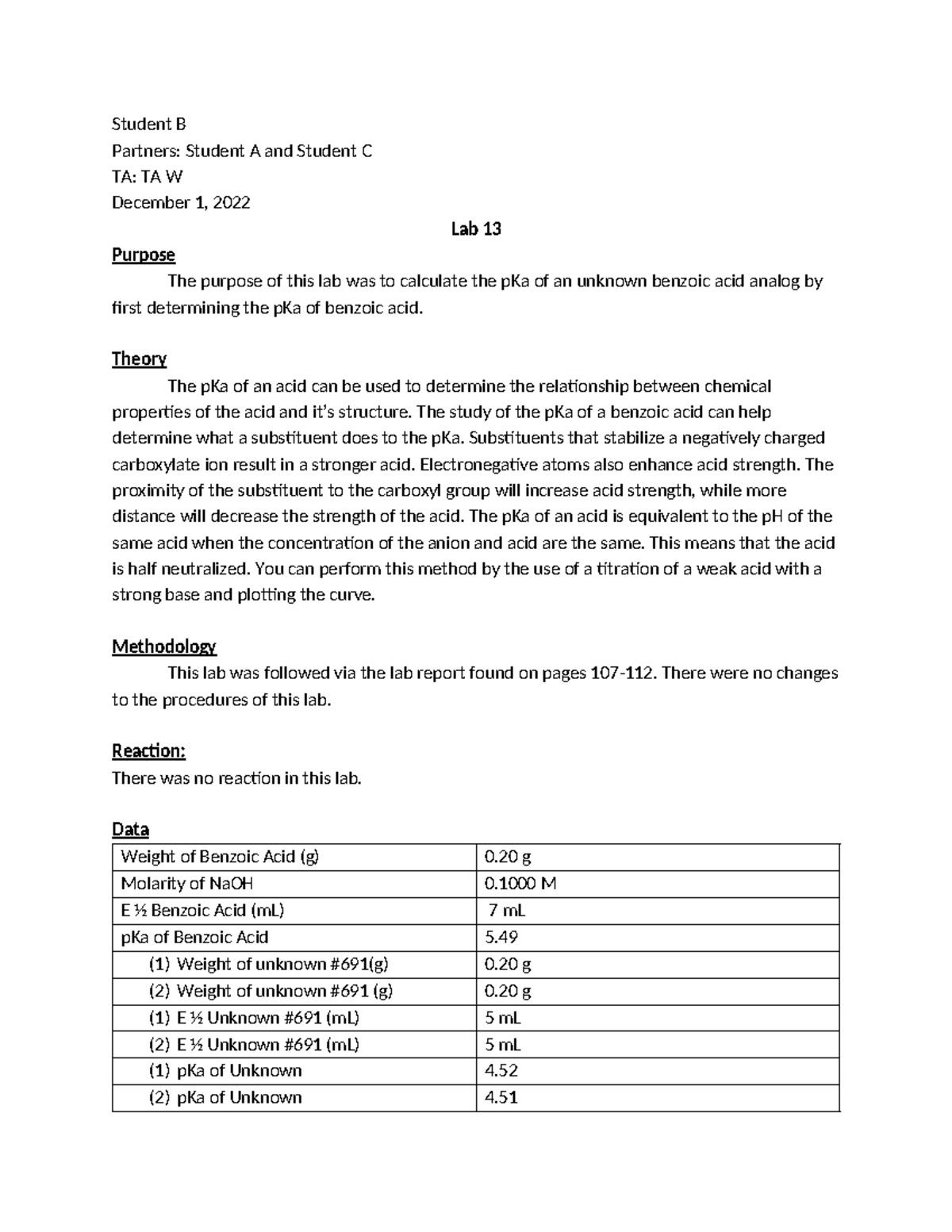 Lab 13: Determining pKa of Benzoic Acid and Unknown Analog (CHEM 101) - Studocu