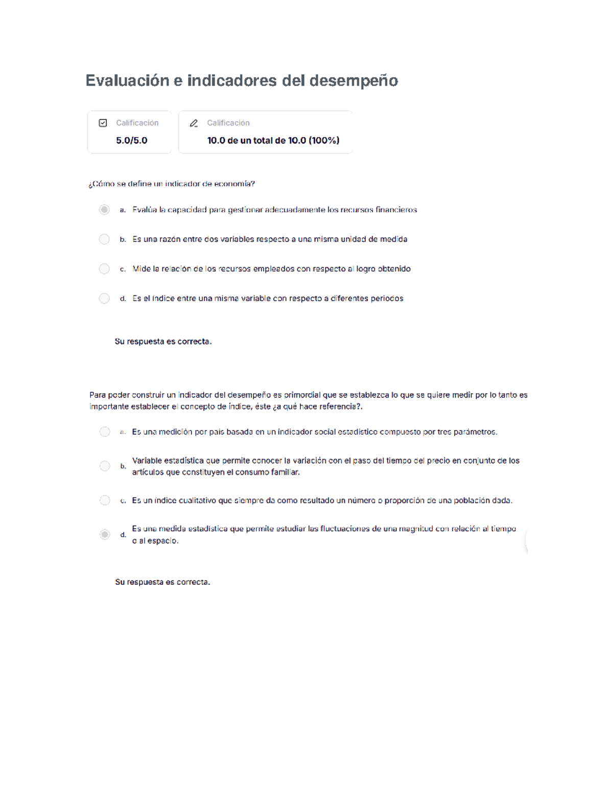 Evaluación e indicadores del desempeño Examen semana 2 - Evaluación e indicadores del desempeño ...