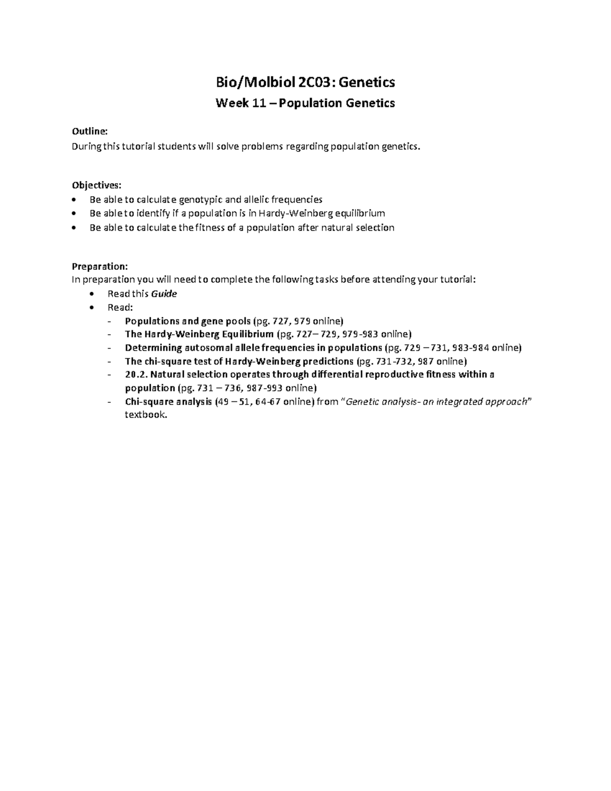 2C03: Genetics Week 11 Tutorial Guide on Population Genetics - Studocu