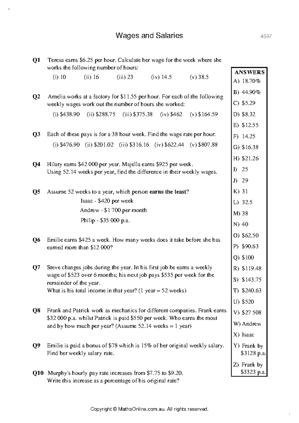 Wages Word Problems Worksheet 4: Calculating Weekly Earnings and Rates ...