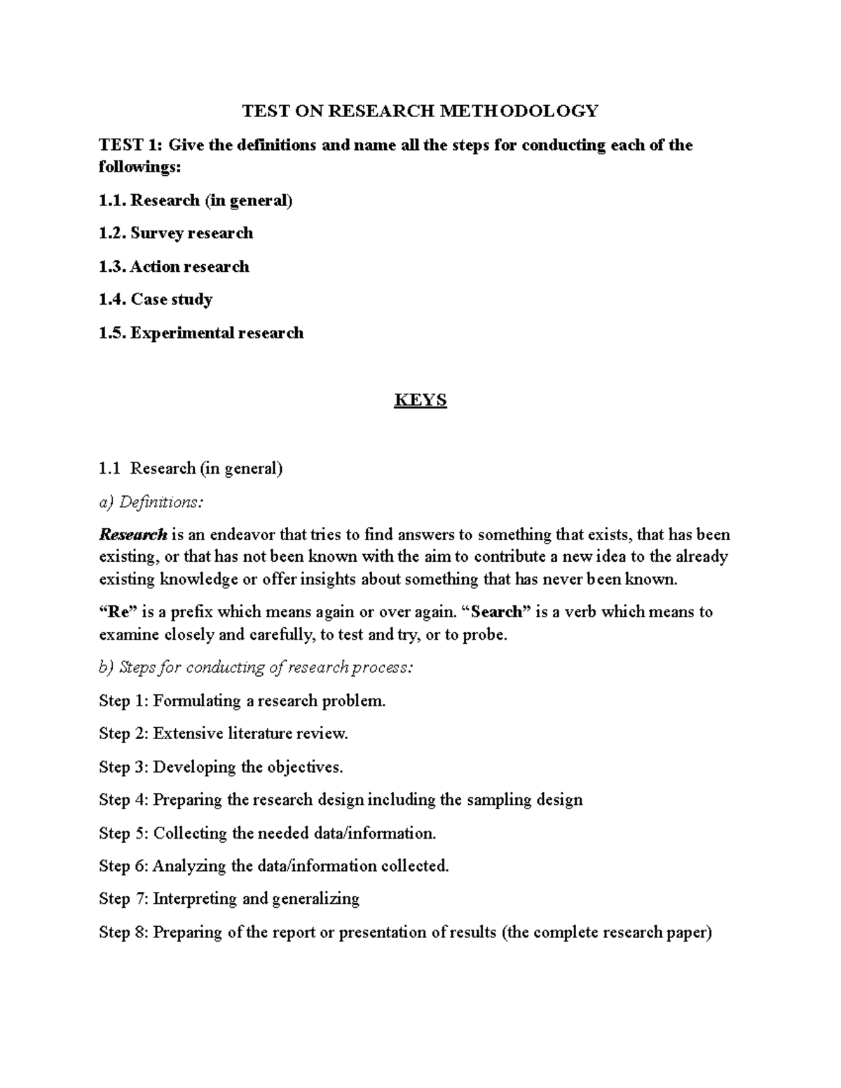 RESEARCH METHODOLOGY TEST 1: Definitions & Steps for Key Methods - Studocu