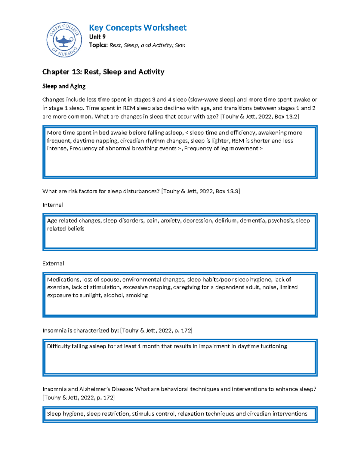 Unit 9 copy - unit key concept - Unit 9 Topics: Rest, Sleep, and ...