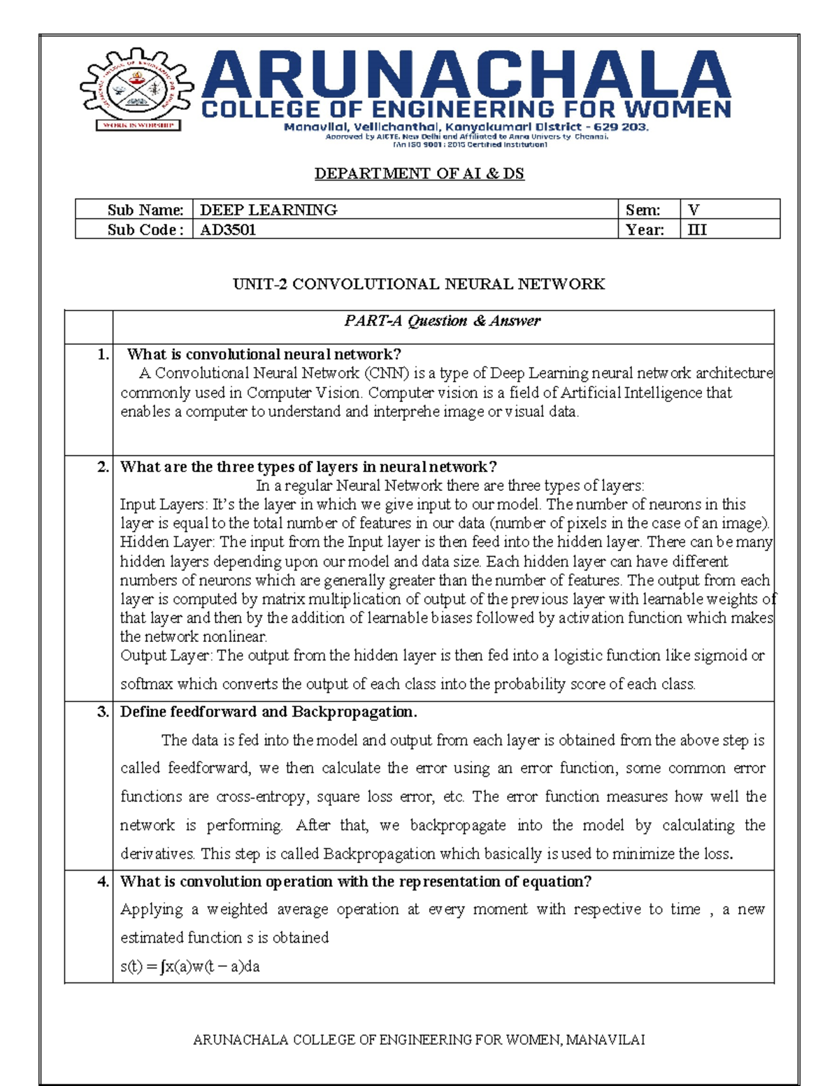 AD3501 - Deep Learning: Unit 2 - Convolutional Neural Networks Guide ...