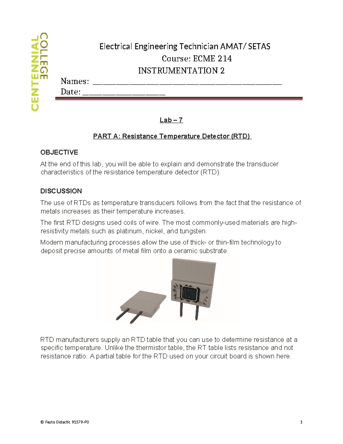 Lab 7: ECME214 RTD & Thermocouple Analysis and Calculations - Studocu