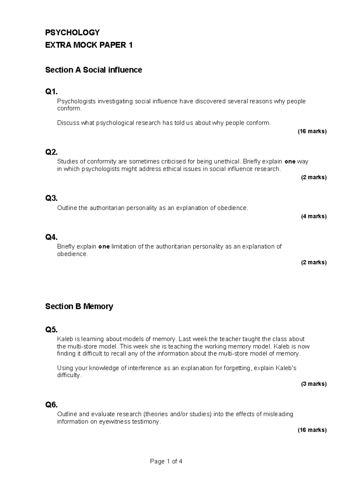 Extra Mock Paper 1 - Psychology (PSY 101) - Studocu