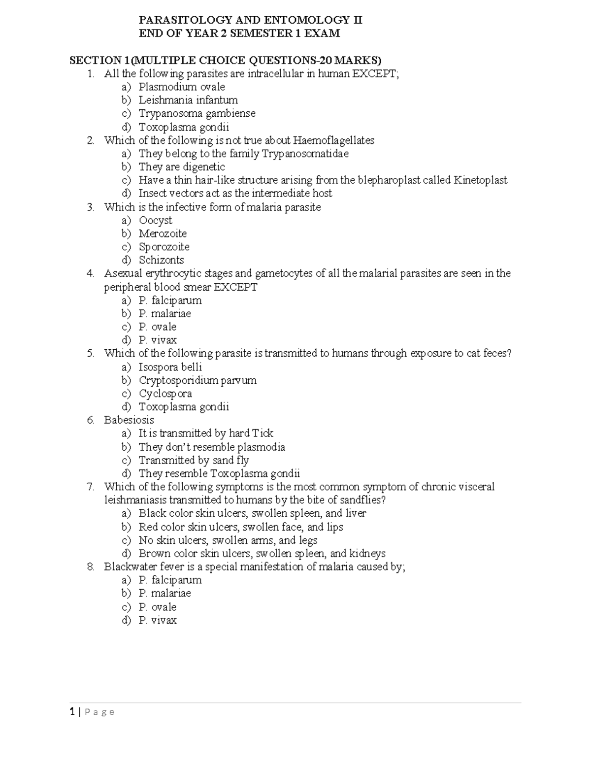 PARASITOLOGY AND ENTOMOLOGY II FINAL EXAM SEMESTER 1 MCQ & SA QUESTIONS ...
