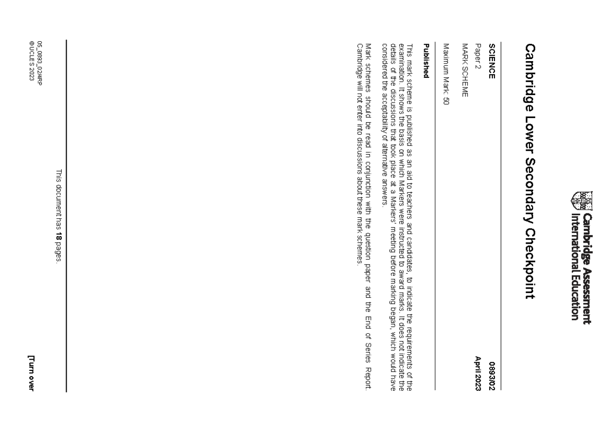 Checkpoint Lower Secondary Science Paper 2 Mark Scheme - April 2023 ...