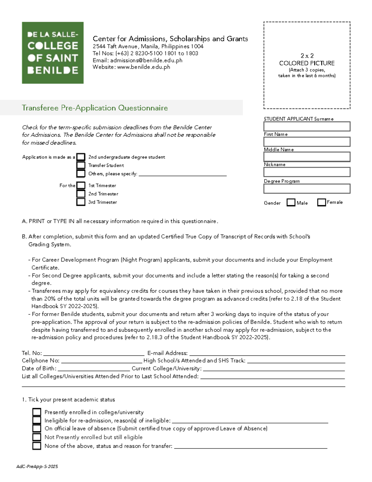 Transferee Pre-Application Form AY 2025-2026 - Benilde - Studocu