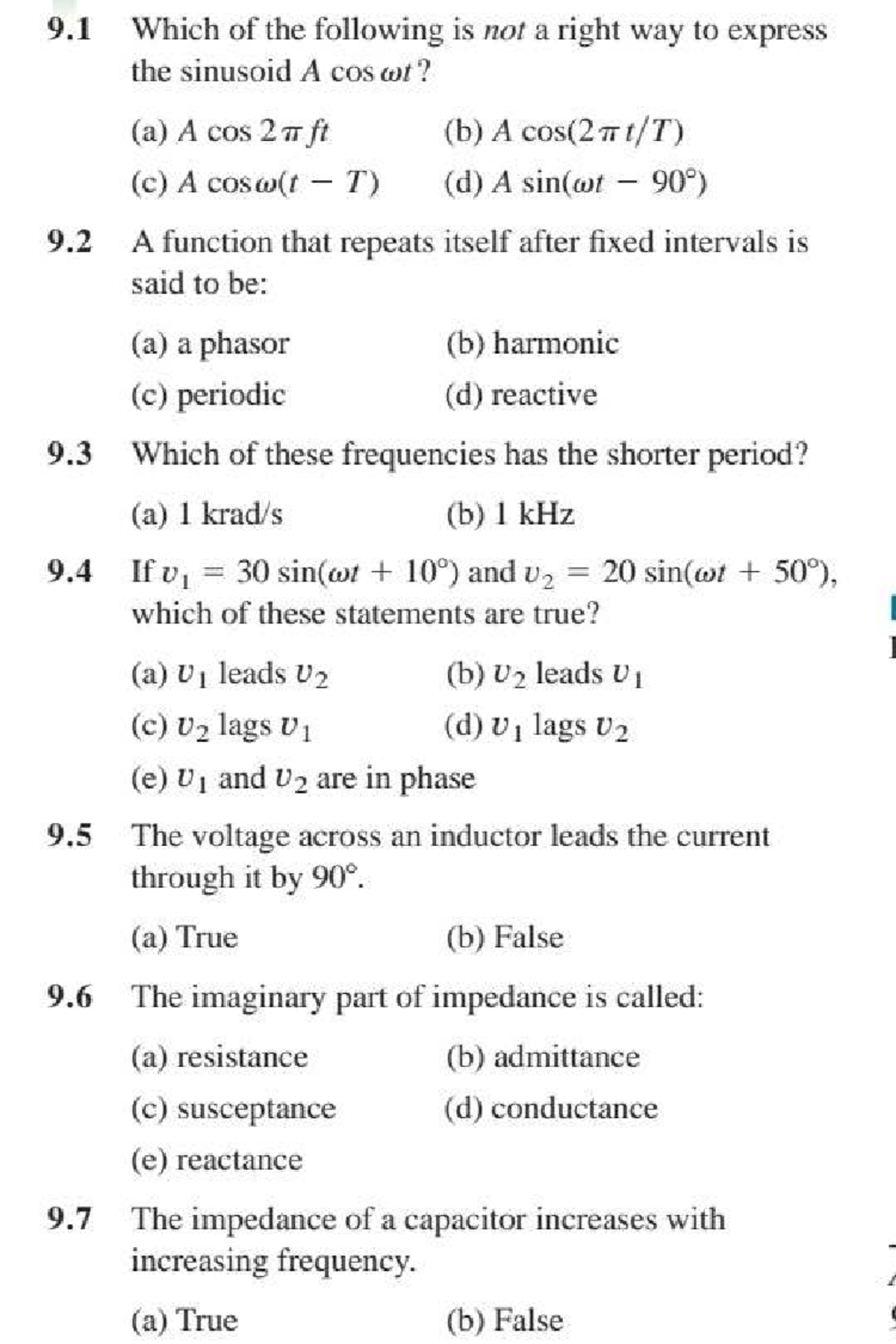 MCQs on Sinusoids and Phasors for EE 101 - Studocu