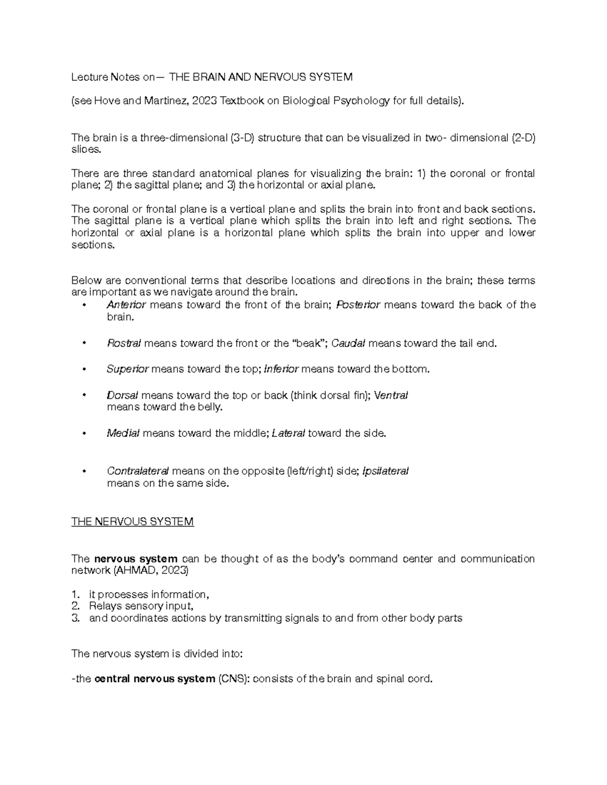 Lecture Notes: Brain Anatomy and Nervous System Overview - Studocu