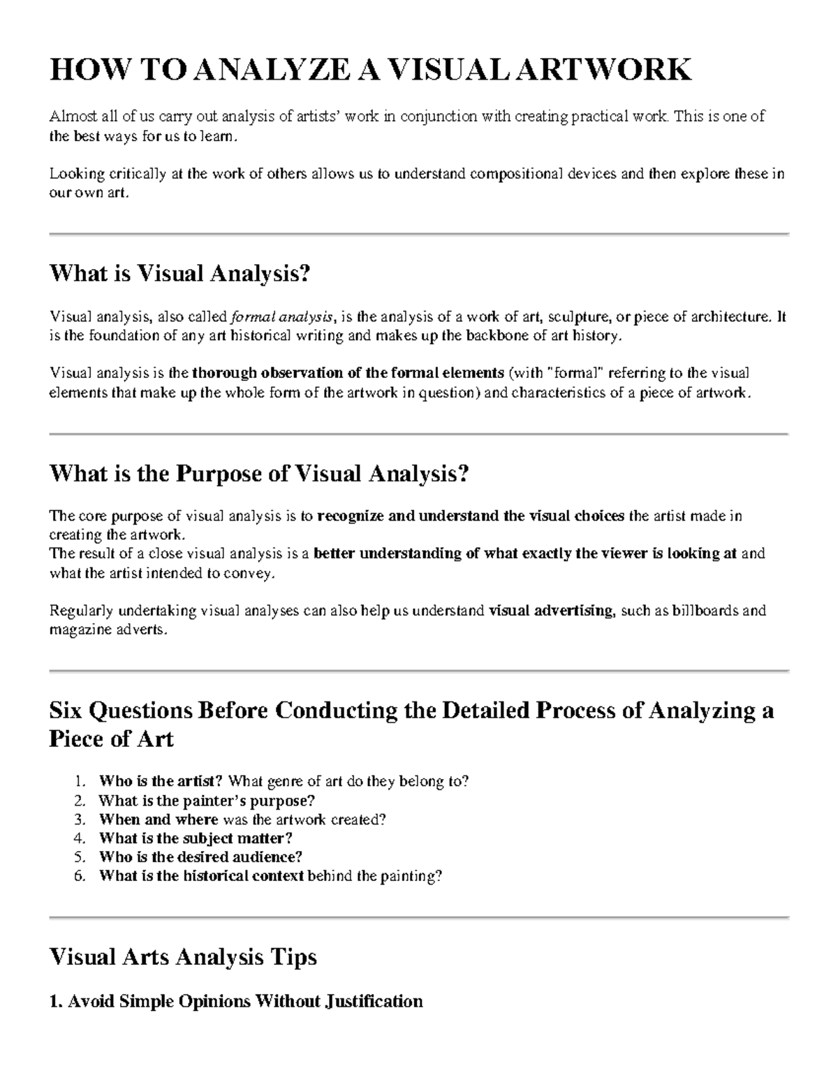 Visual Arts Analysis Guide: Techniques & Insights for Effective Critique - Studocu