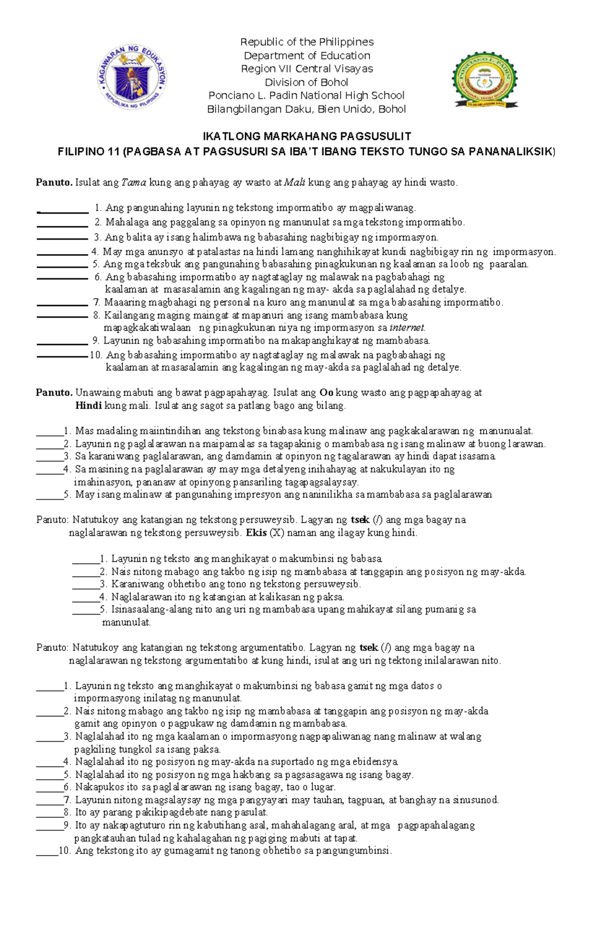 Filipino 11 - Ikatlong Markahang Pagsusulit sa Pagbasa at Pagsusuri ...