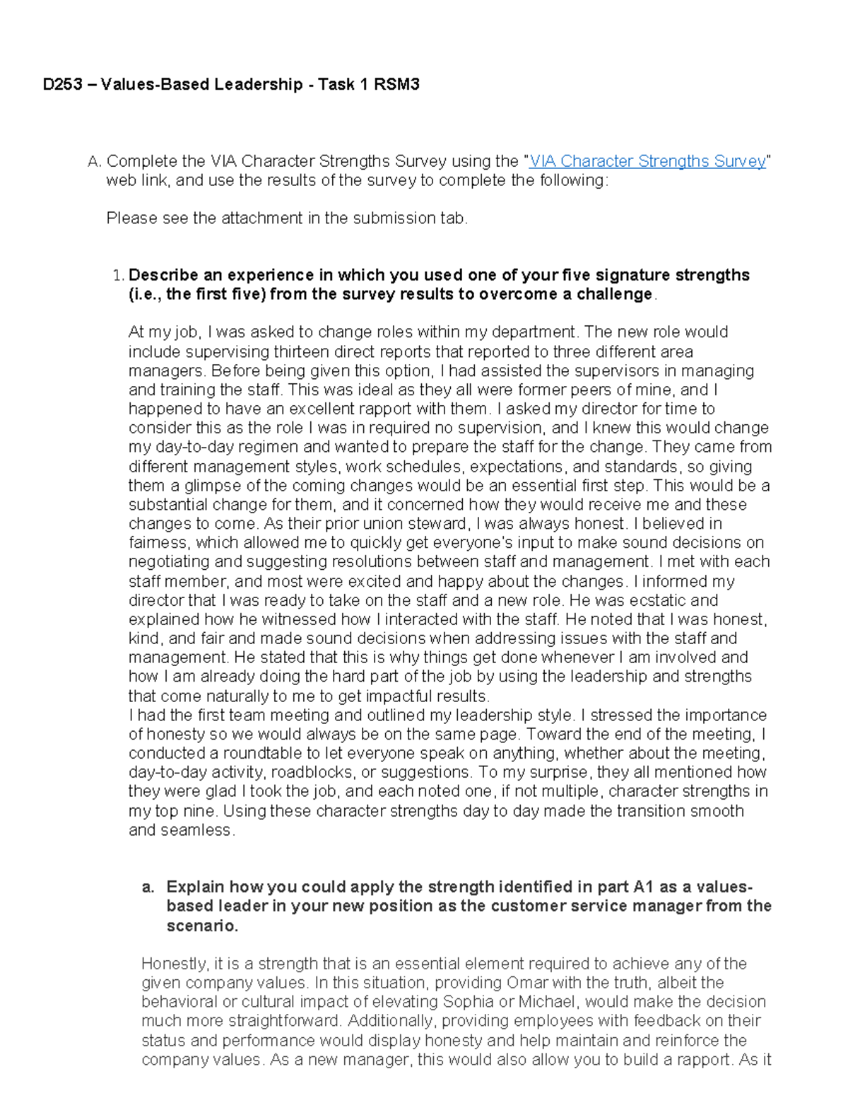 D253 RSM3 Task 1 - example - D253 – Values-Based Leadership - Task 1 ...