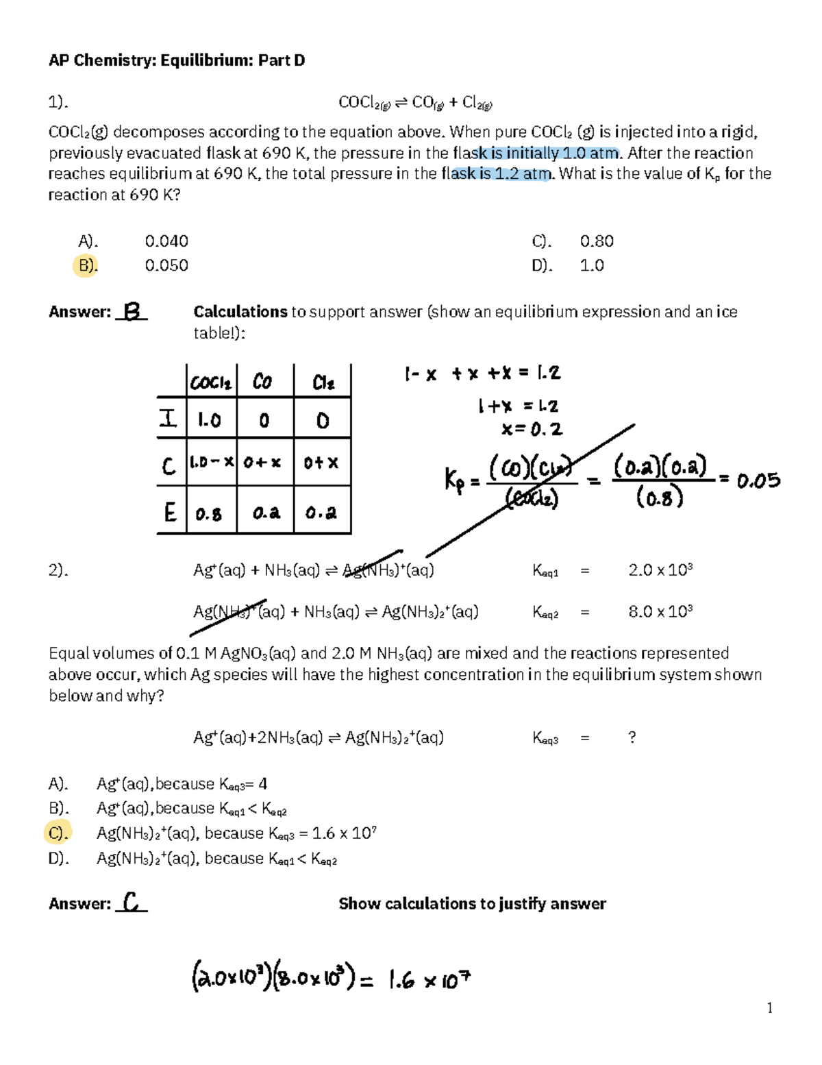 AP Chemistry Chemical Equilibrium Homework Part D Analysis - Studocu