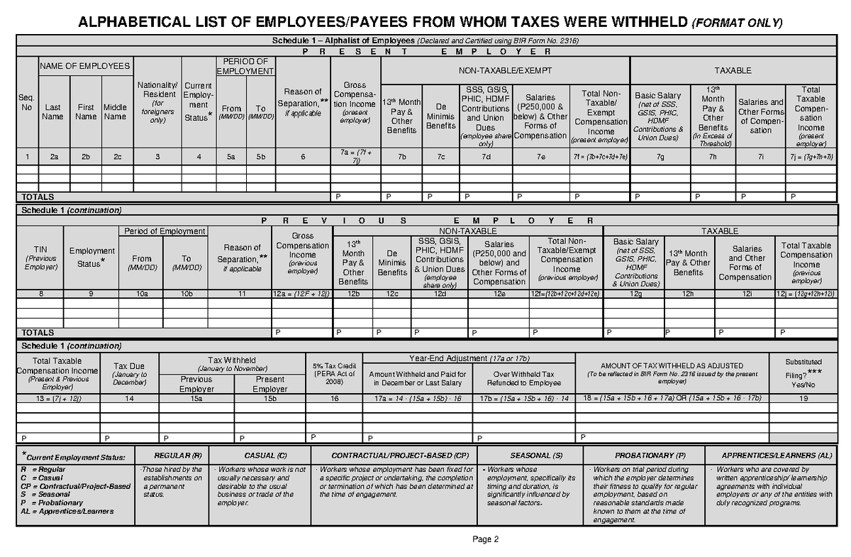Schedule 1: 2316 Alphalist of Employees with Tax Withheld Details - Studocu