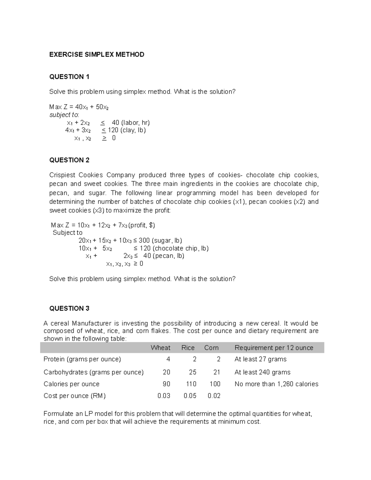 Simplex Method Exercises for Linear Programming (LP) Solutions - Studocu