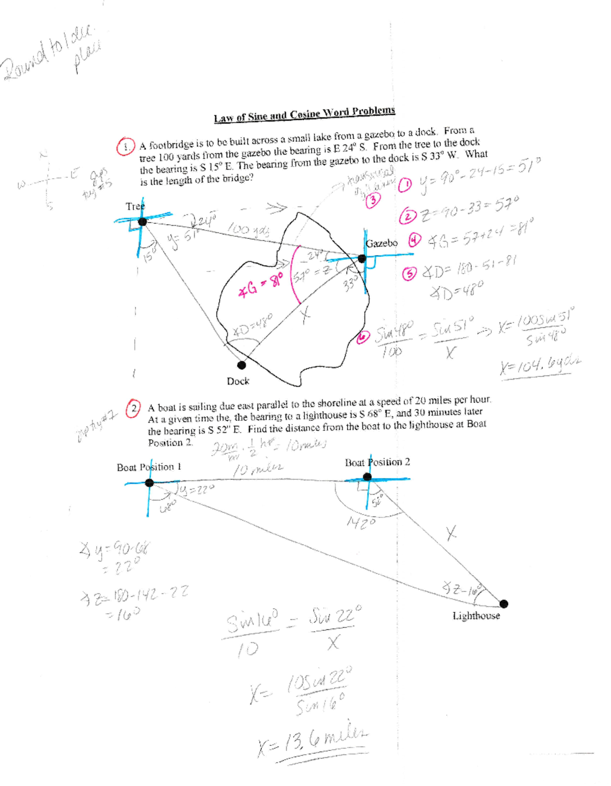 Law of Sine and Cosine Word Problems - ,$,'-e u'p t ,1,!- )-v t) ''i ...