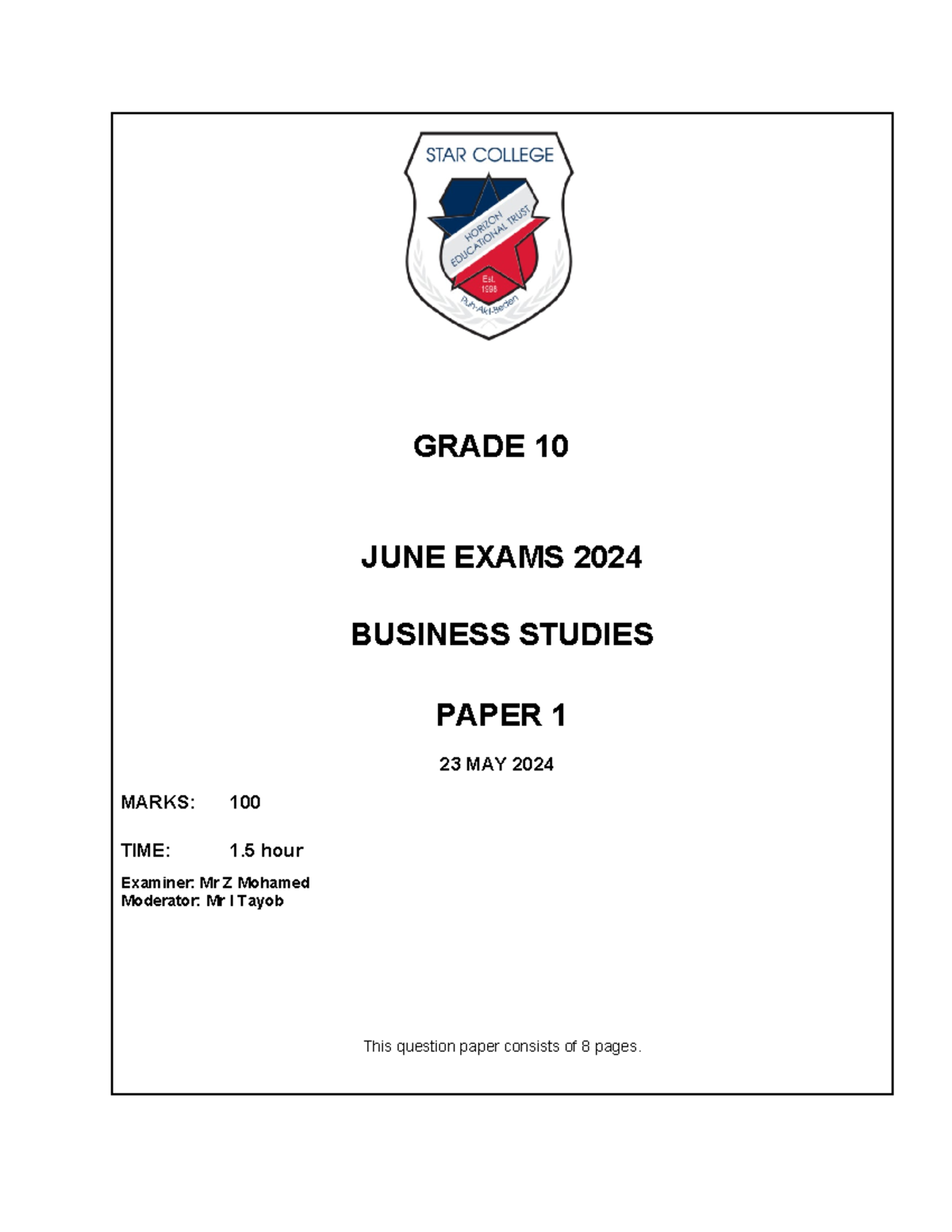 2024 BSTD G10 June Exams Paper 1 Question Paper - Studocu