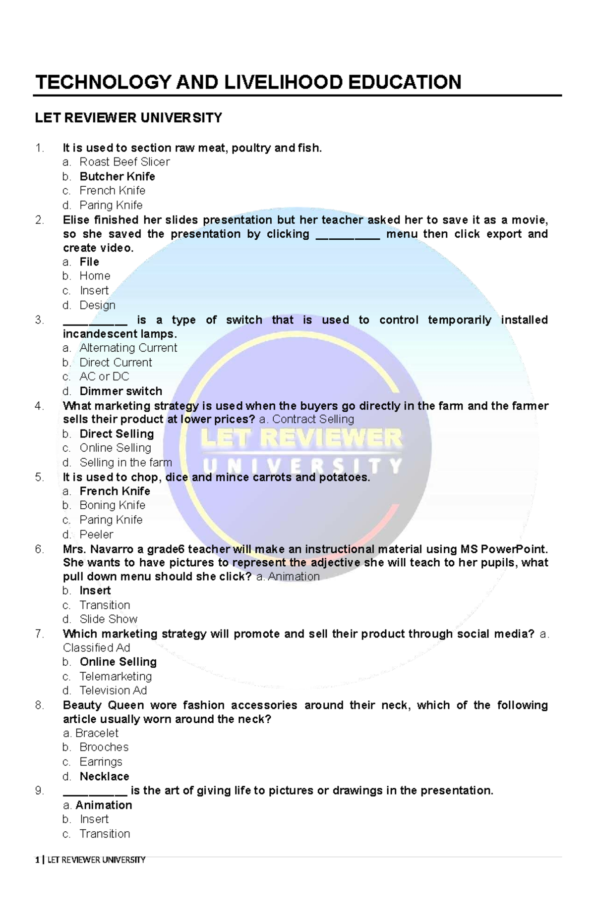 LET REVIEWER: TECHNOLOGY AND LIVELIHOOD EDUCATION (TLE) 1-8 - Studocu