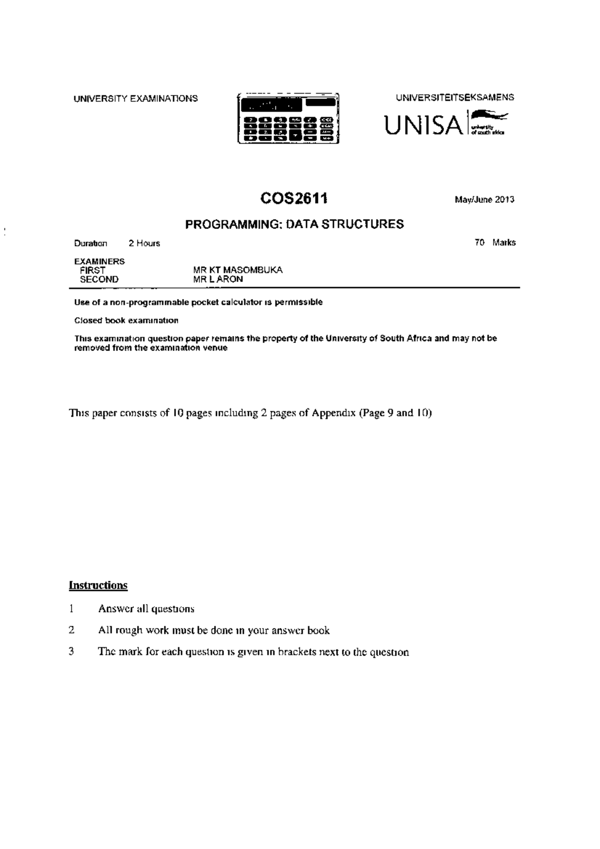 COS2611 2013 June Exam: Programming Data Structures Questions - Studocu