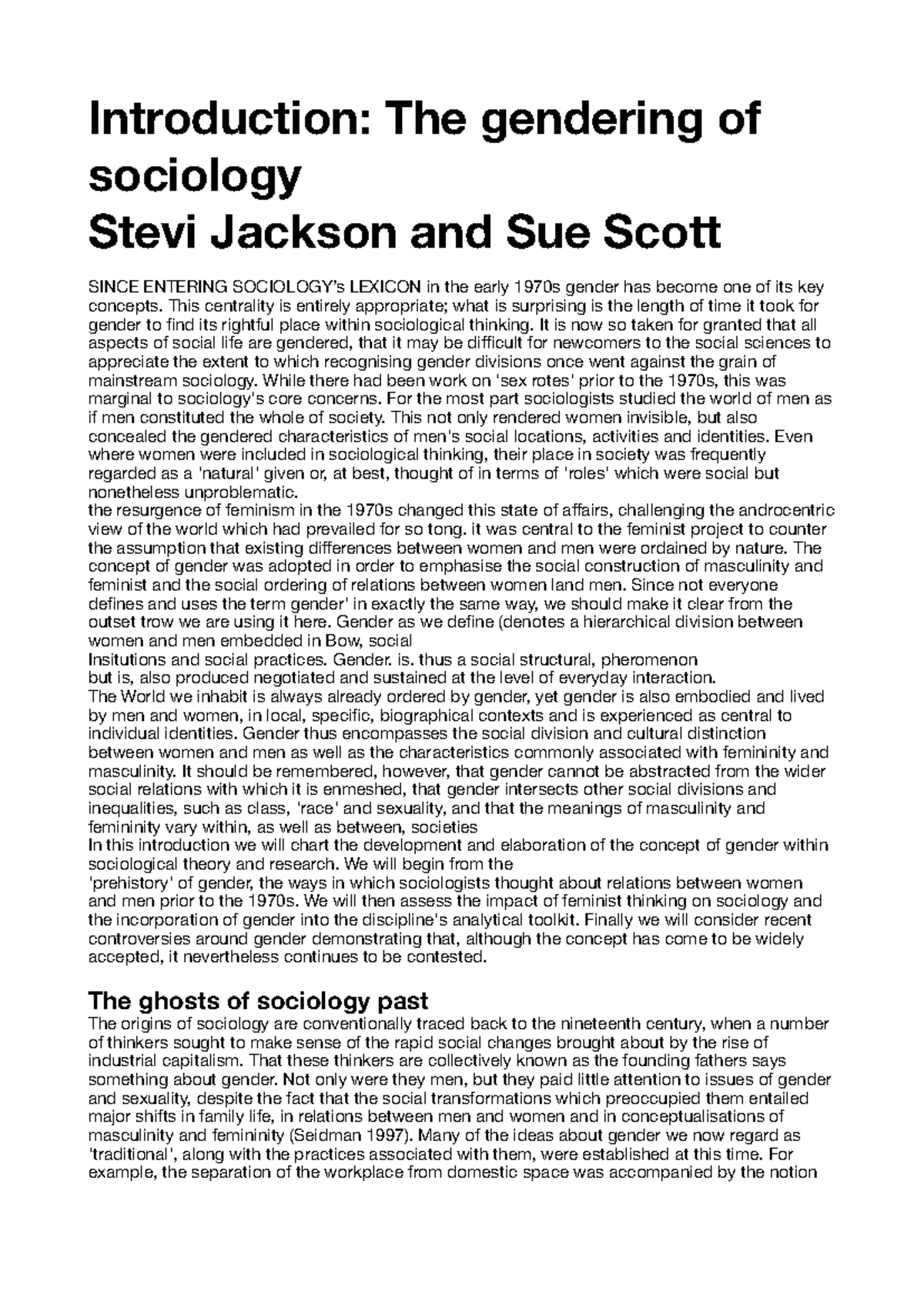 Sociology 101: The Gendering of Sociological Thought and Theory - Studocu