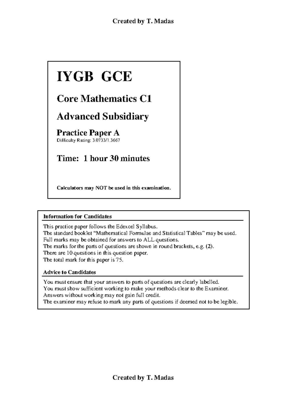 C1 maths paper - IYGB GCE Core Mathematics C Advanced Subsidiary ...