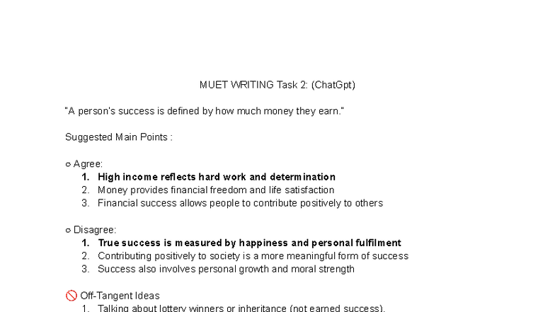 MUET WRITING Task 2: Defining Success Beyond Money - Studocu